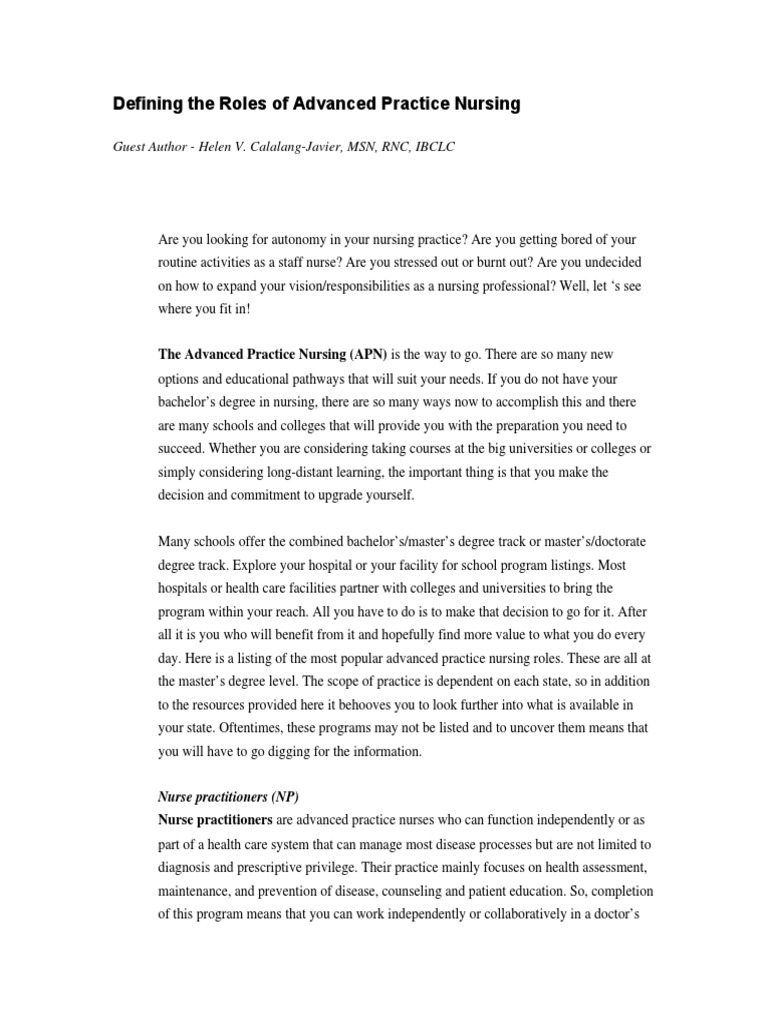 Defining The Roles of Advanced Practice Nursing | PDF | Nurse ...