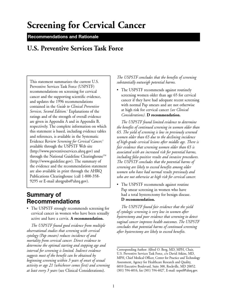 Screening For Cervical Cancer: U.S. Preventive Services Task Force ...