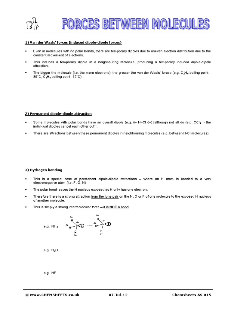 Chemsheets As 015 (Forces Between Molecules) | PDF | Intermolecular ...