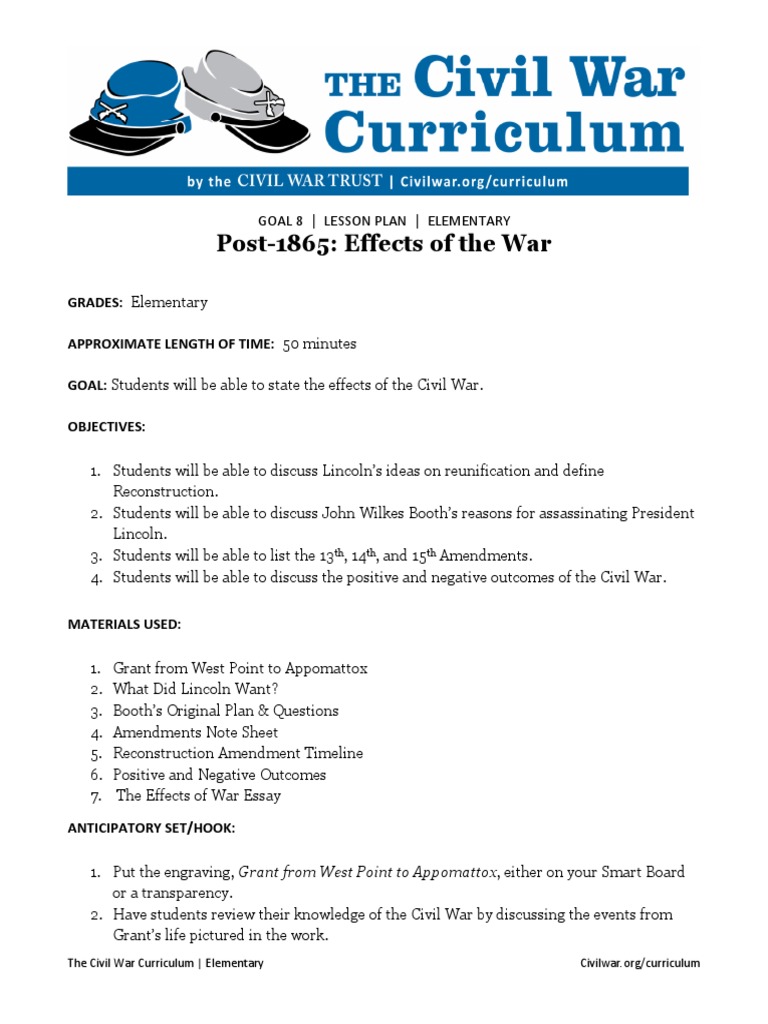 Civil War Effects: Elementary Lesson Plan | PDF | American Civil War ...