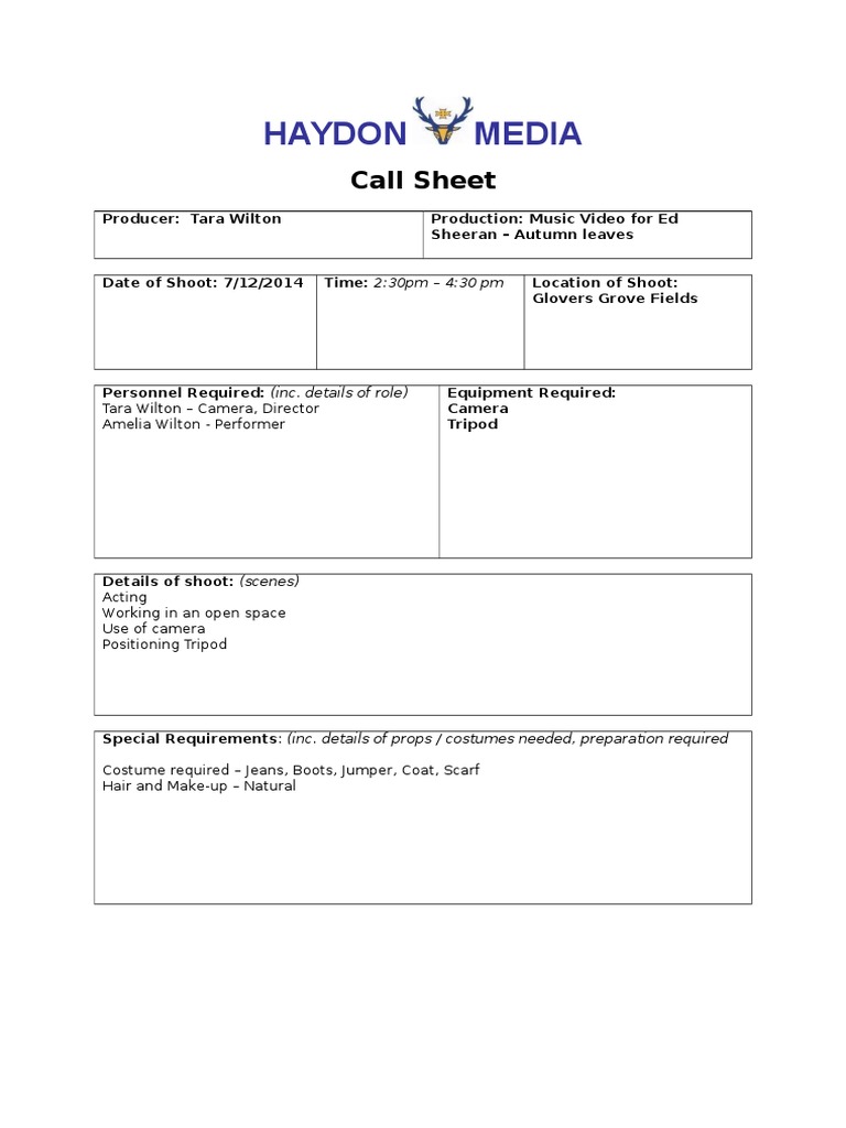 Ed Sheeran Music Video Call Sheet | PDF
