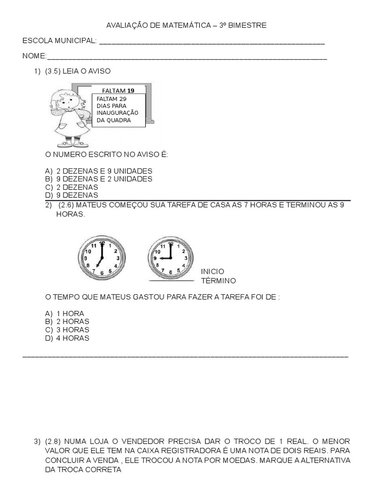 Avaliação De Matemática 3º Bimestre 2º Ano Pdf Ensino De Matemática