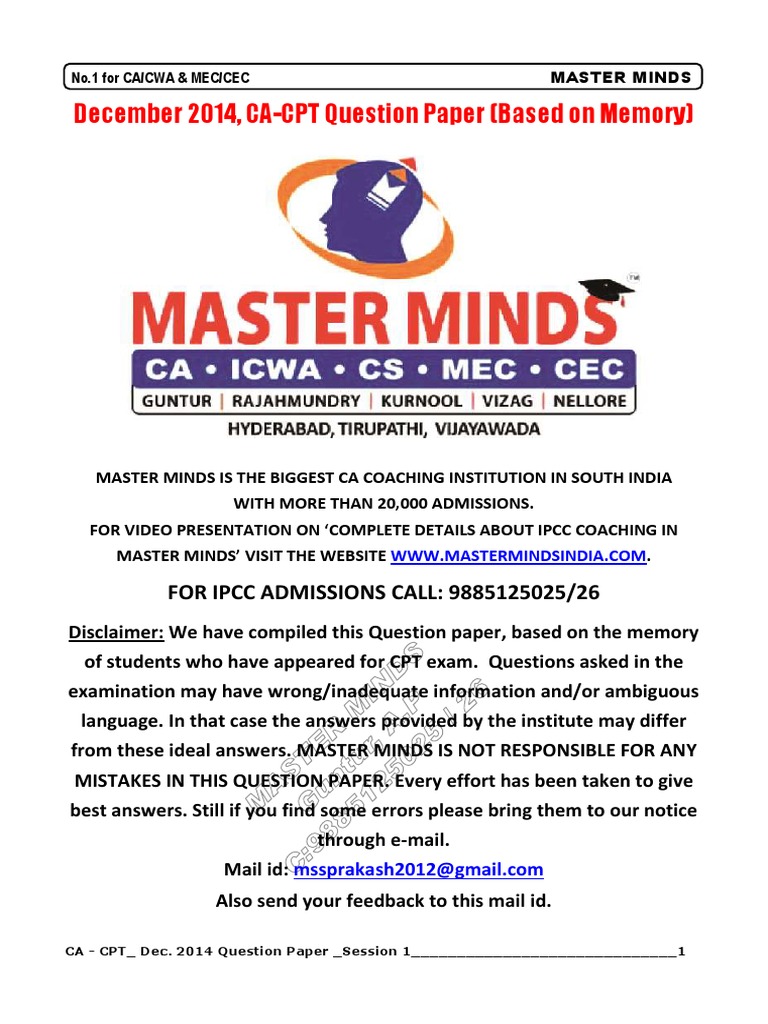 Dec - 2014 CA-CPT Question Paper Mastermind Institute | PDF | Debits ...