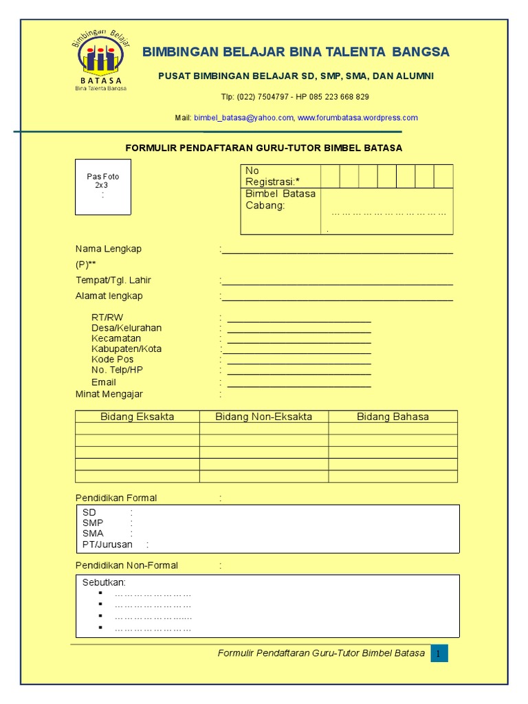 Formulir Pendaftaran Guru Bimbel Batasa | PDF
