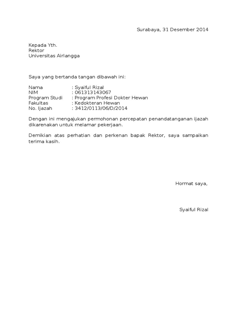 Surat Permohonan Percepatan Penandatanganan Ijazah Dokter Hewan | PDF | Kesehatan Holistik