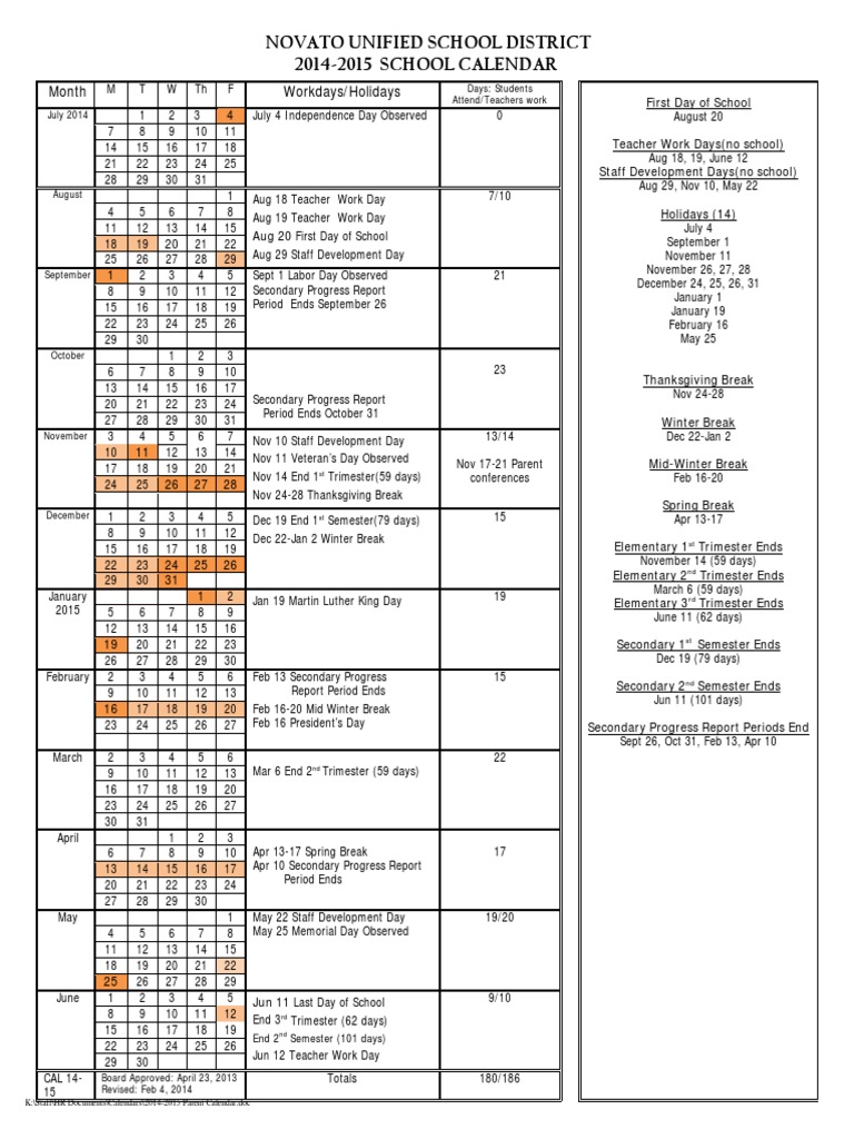 Novato Unified School District 2014-15 Calendar | PDF | Foreign ...
