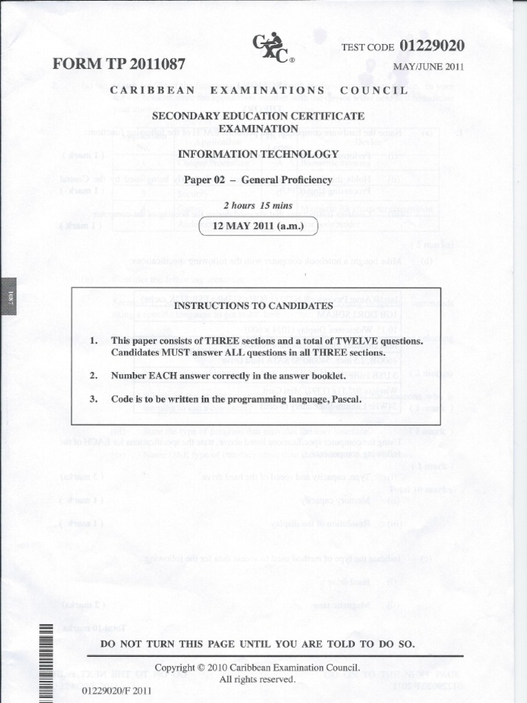 CSEC IT Past Paper - May 2011 | PDF