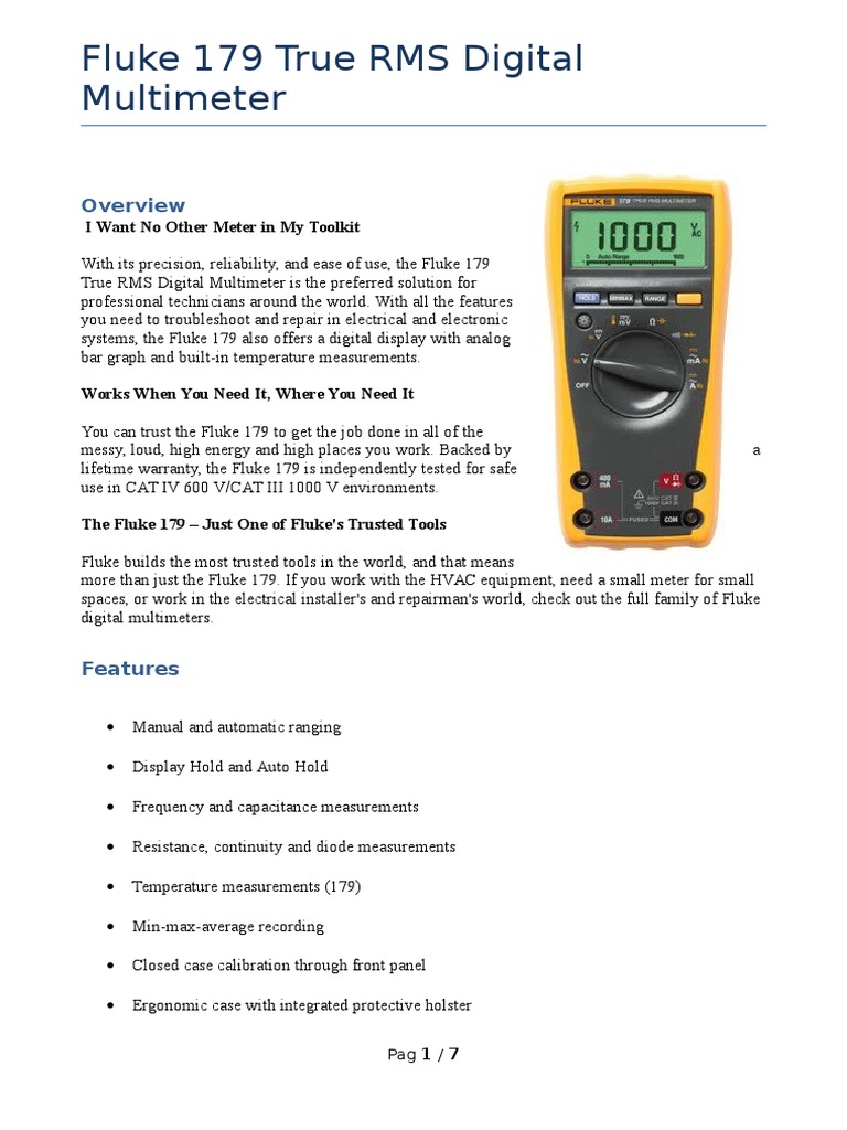 Fluke 179 True RMS-Digital Multimeter | PDF | Equipment | Electrical ...