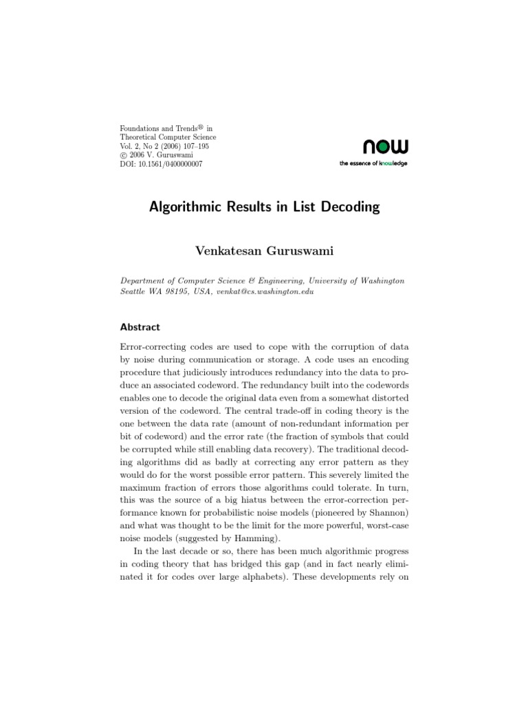 Algorithmic Results In List Decoding Pdf Code Field Mathematics