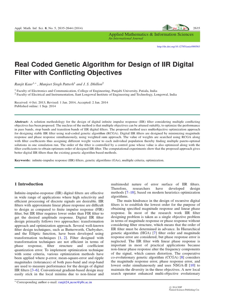 Real Coded Genetic Algorithm For Design of IIR Digital Filter With Conflicting Objectives | PDF ...