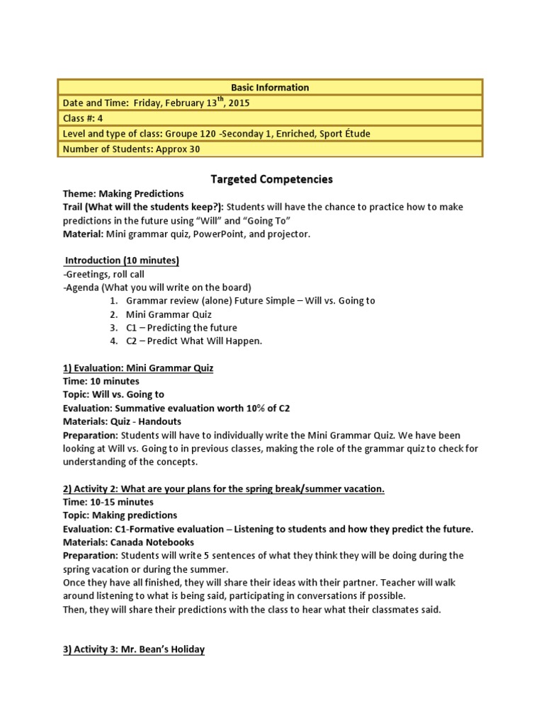 Future Predictions Lesson Plan | PDF | Education Theory | Teaching