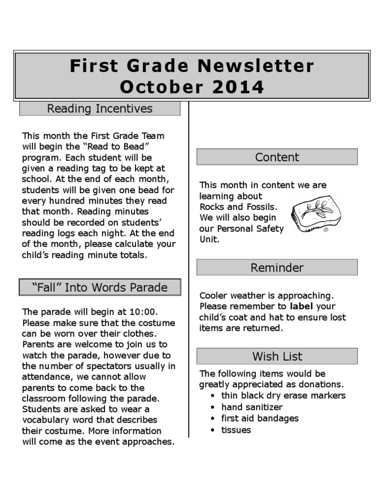 First Grade Newsletter October | PDF | Language Arts & Discipline