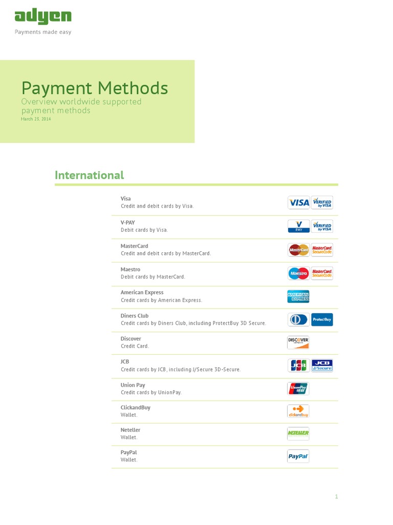 Adyen Payment Methods | PDF | Debit Card | Payments Adyen Payment Methods | PDF | Debit Card | Payments