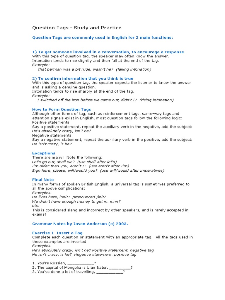 Question Tags: Rules and Exercises | PDF | Question | Onomastics