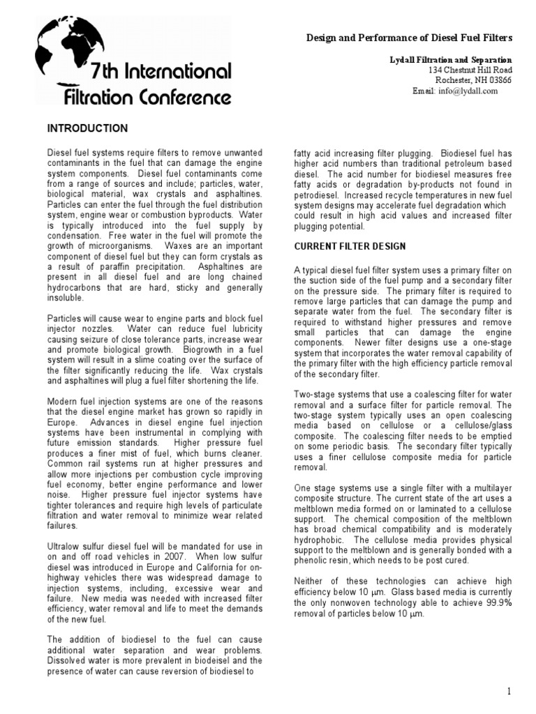 Diesel Fuel Filter Design and Efficiency | PDF | Nonwoven Fabric ...
