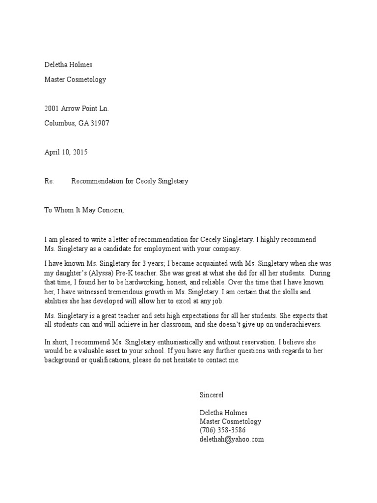 Deletha Holmes Recommendation Letter | PDF