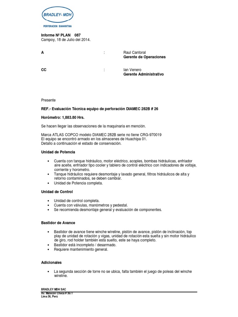 Informe Maquina Perf. Marca Atlas Copco DIAMEC 282B Nro. 26 | PDF ...