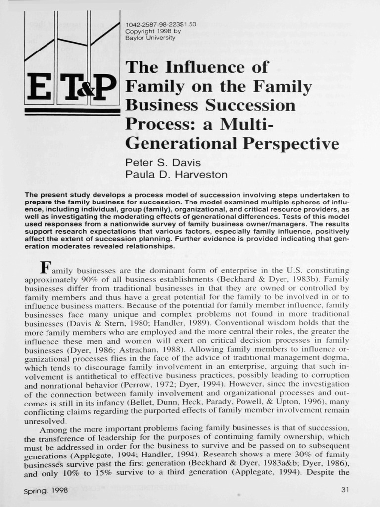 The Influence of Family On The Family Business Succession Process: A Multi - Generational ...