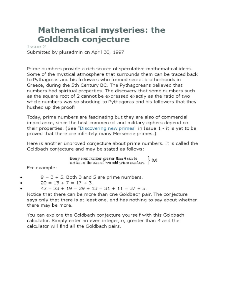 Mathematical Mysteries: The Goldbach Conjecture: Issue 2 | PDF | Prime ...