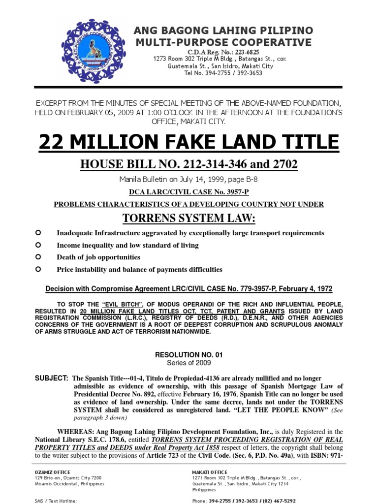 HOUSE BILL NO. 212-314-346 and 2702 (22 MILLION FAKE LAND TITLE) | PDF ...