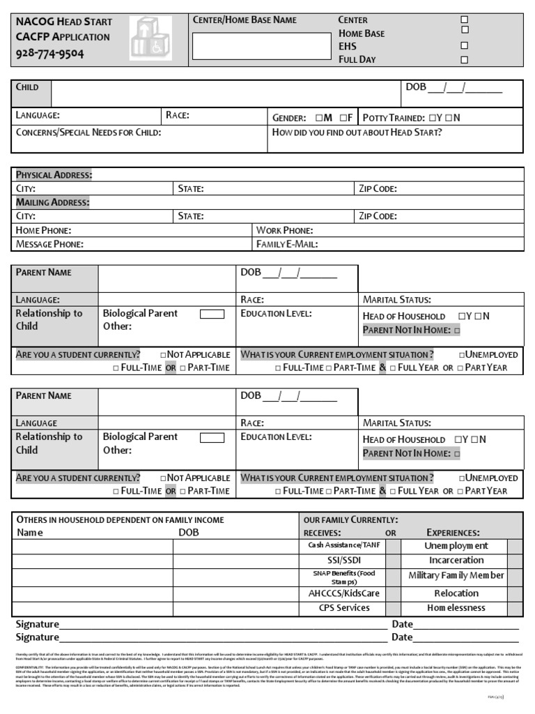 NACOG Head Start CACFP Application Form | PDF | Social Security Number ...