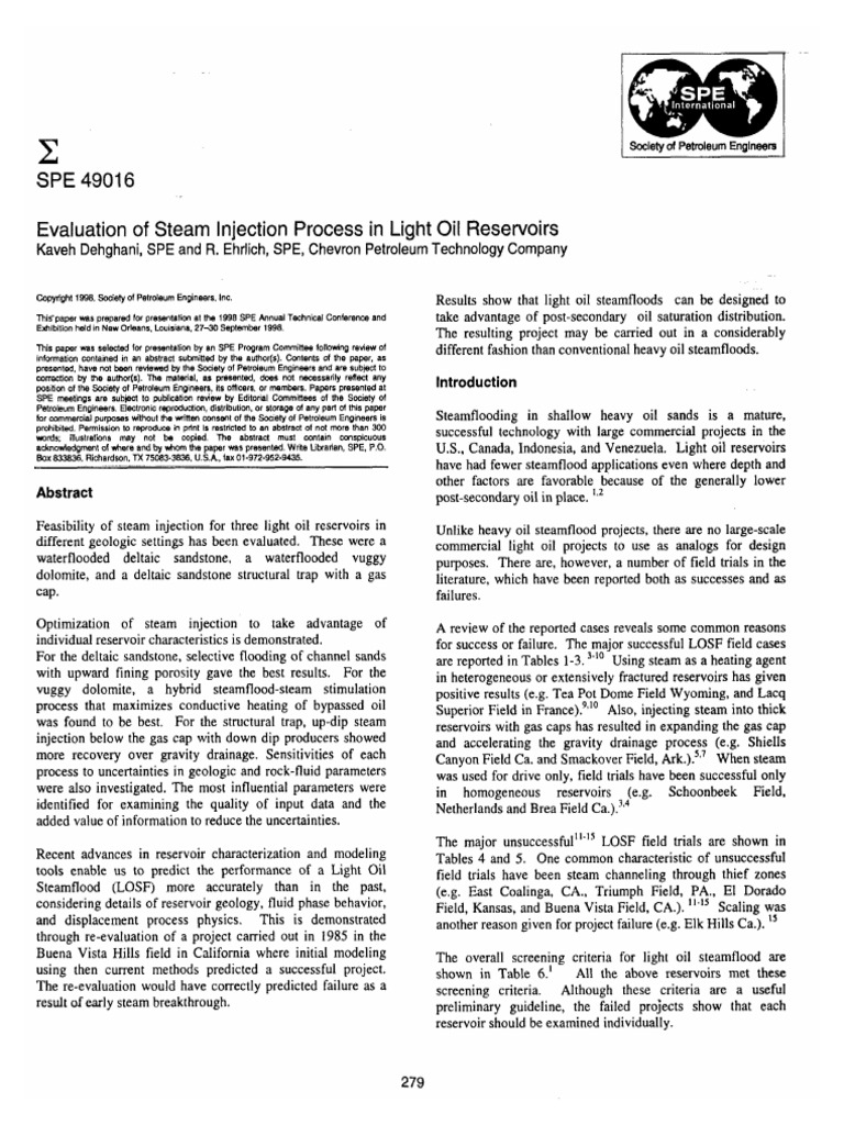 Evaluation of Steam Injection Process in Light Oil Reservoirs - 1998 ...