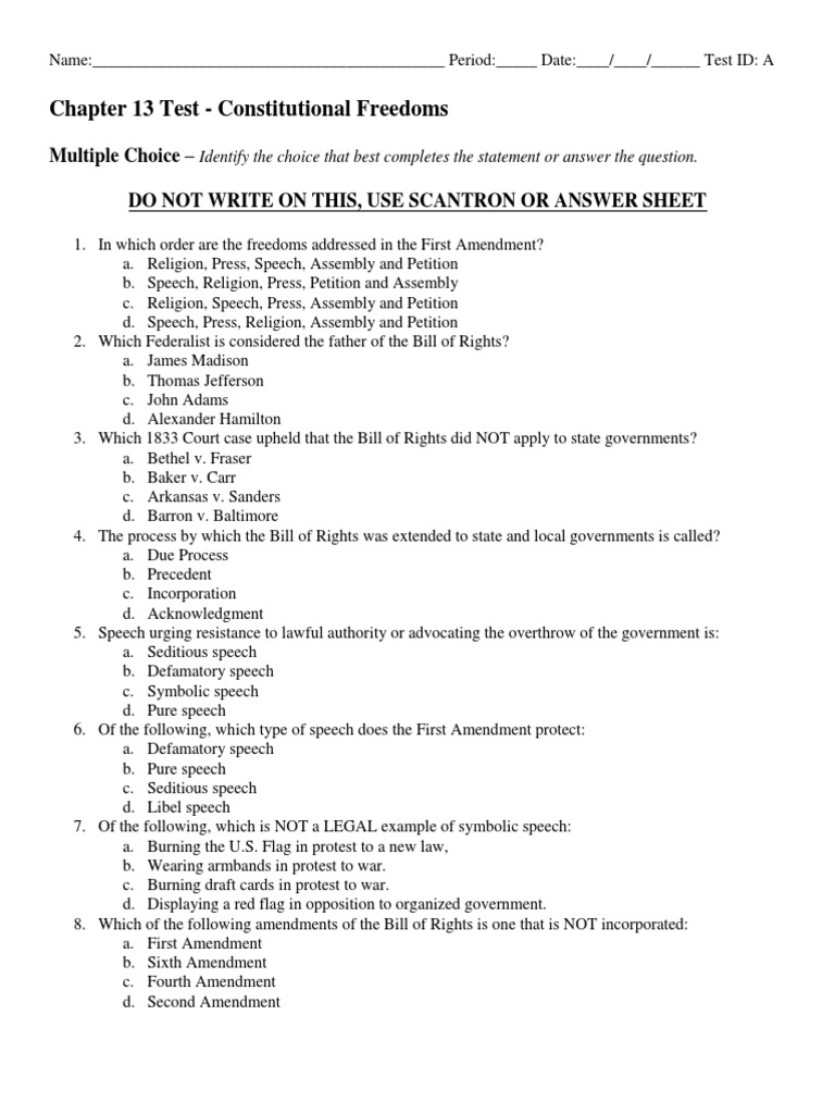 Chapter 13 Test - Constitutional Freedoms: Multiple Choice - Do Not ...