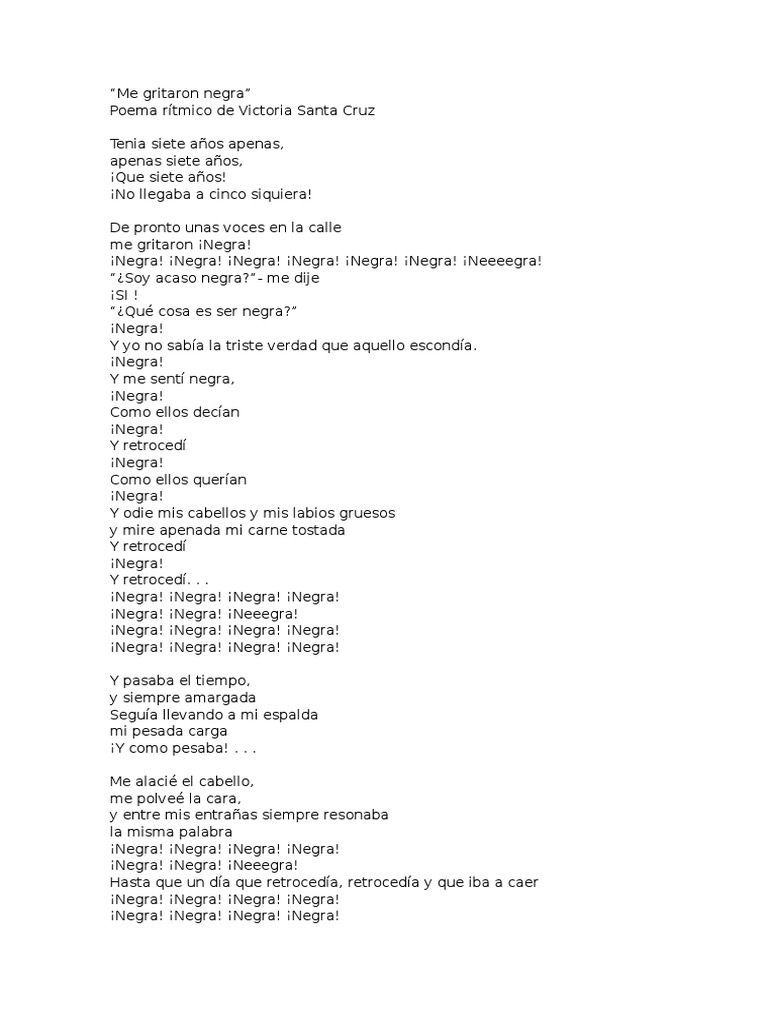 Poema "Me gritaron negra" de Victoria Santa Cruz | PDF