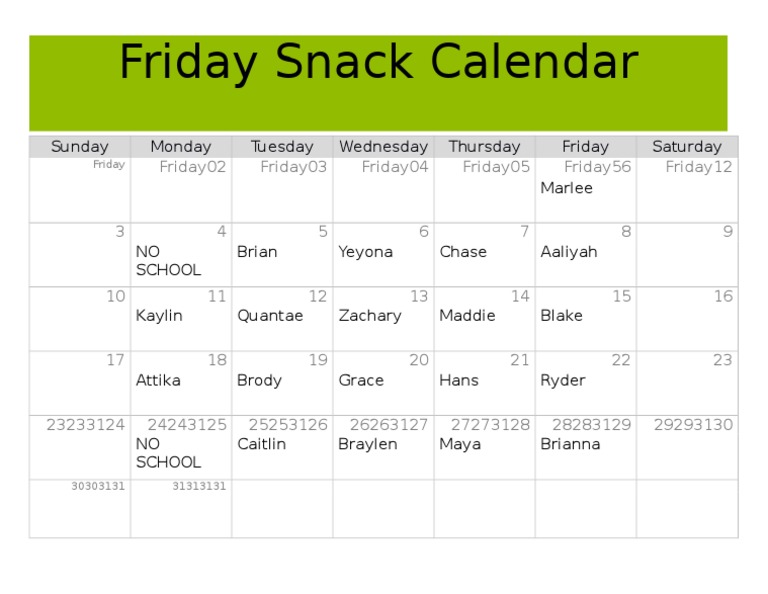 Weekly Snack Schedule for Students | PDF