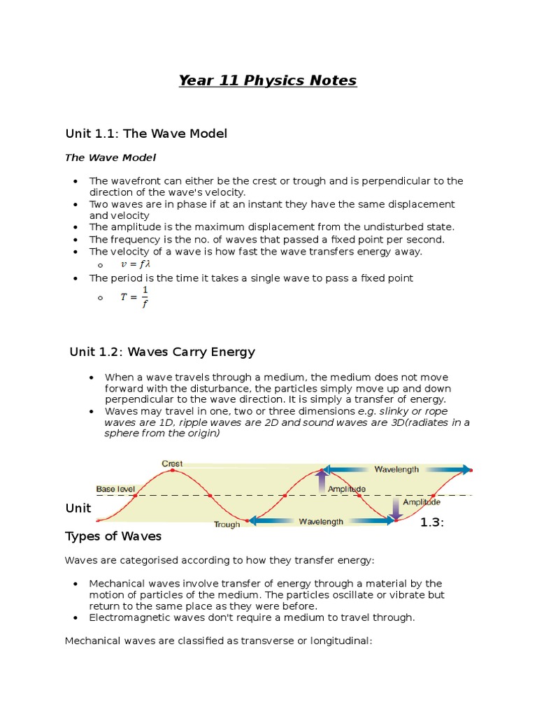 Year 11 Physics Notes: Unit 1.1: The Wave Model | PDF | Waves ...