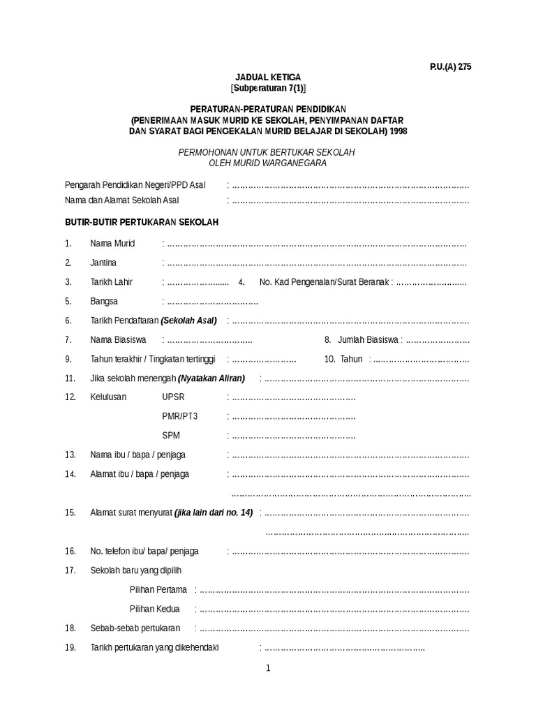 1-Borang Pertukaran Jadual Ketiga P.U.A275 | PDF