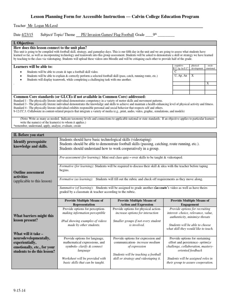 Accessible PE Lesson Plan: Flag Football | PDF | Lesson Plan | Teachers