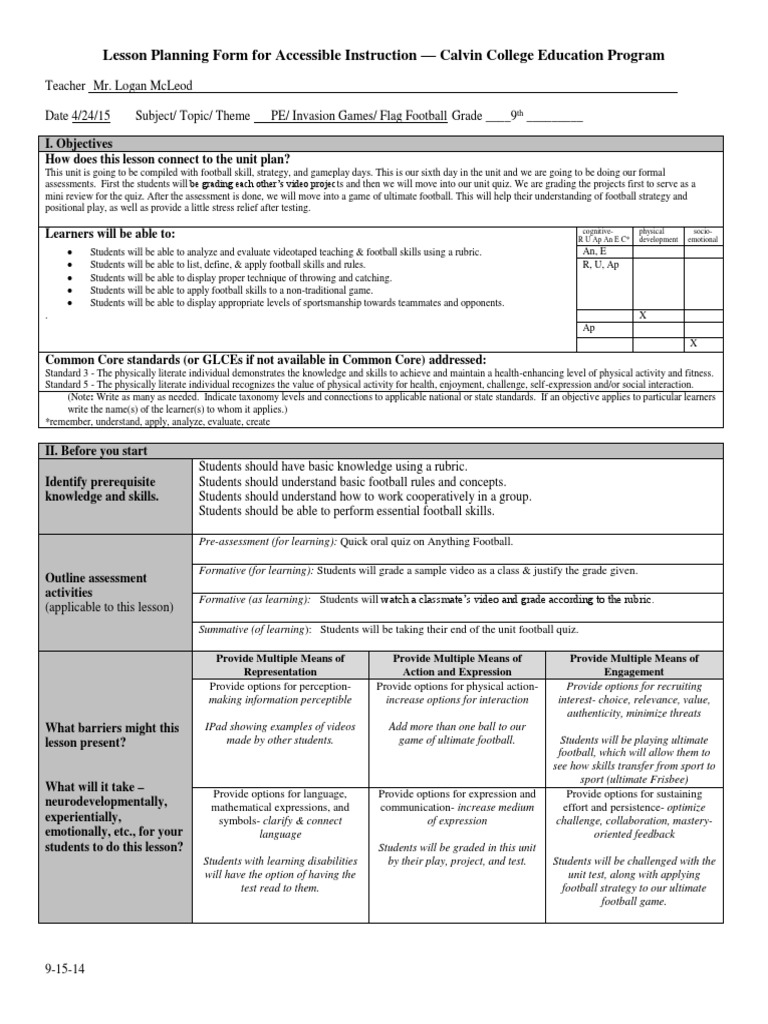 9th Grade PE Flag Football Lesson | PDF | Educational Assessment ...