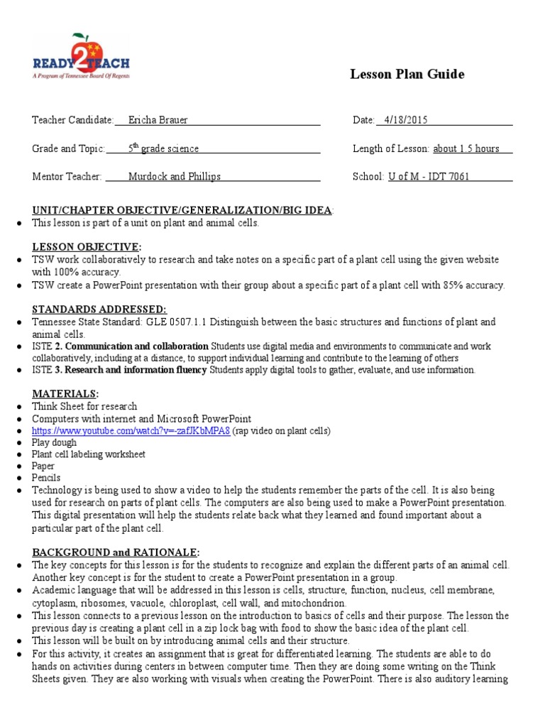 5th Grade Science: Plant Cell Lesson | PDF | Lesson Plan | Eukaryotes