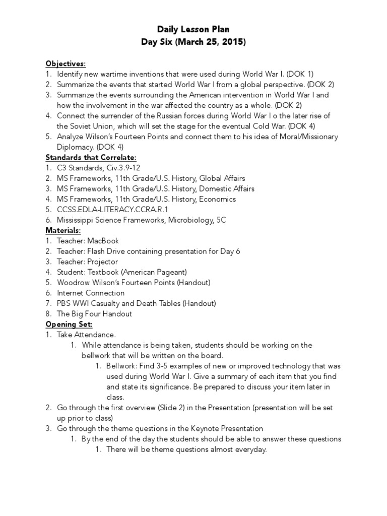 Lesson Plan Day 6 | PDF | World War I | Lesson Plan
