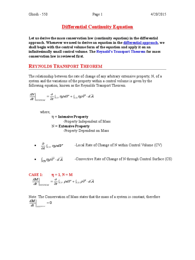 Differential Continuity Equation: Eynolds Ransport Heorem | PDF | Fluid ...
