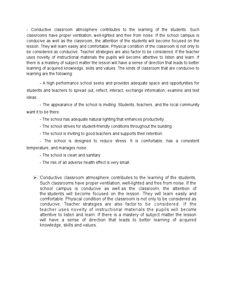 Conductive Classroom Atmosphere Contributes To The Learning of The ...