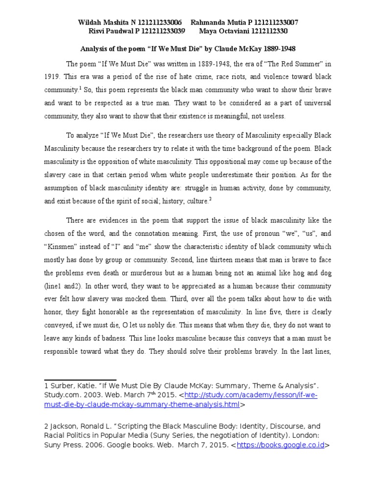 Analysis of McKay's "If We Must Die" | PDF | Masculinity | Critical Theory