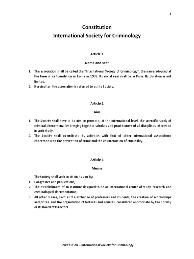 Constitution International Society for Criminology: Article 1 Name and ...