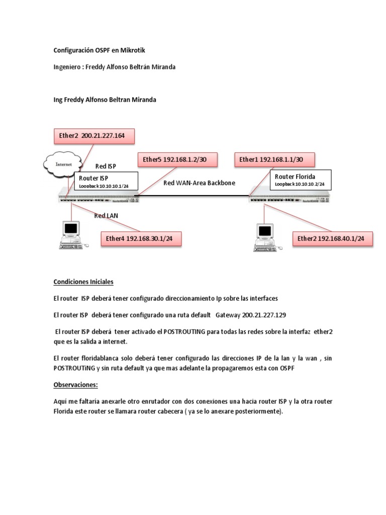 Configuración OSPF en Mikrotik Freddy Beltran | PDF | Enrutador (Computación) | Dirección IP