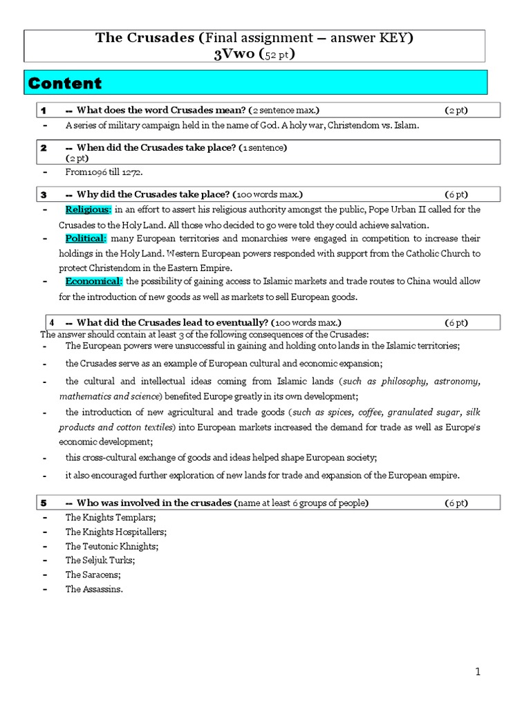 The Crusades - Final Assignment (Answer Key) | PDF | Crusades | Ellipsis