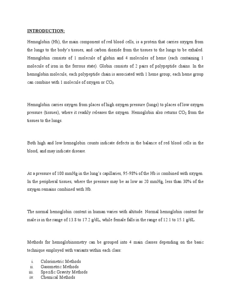 Hemoglobin Concentration Analysis Experiment | PDF | Hemoglobin | Chemistry