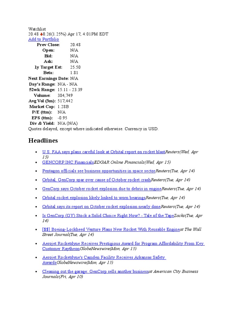 GenCorp Stock and Space News | PDF