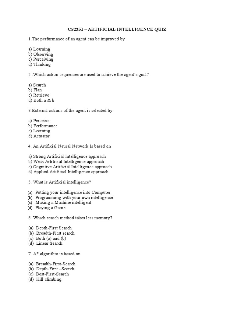 Artificial Intelligence Quiz | PDF | Artificial Intelligence ...
