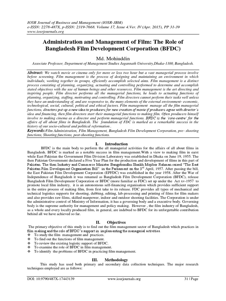 Administration and Management of Film: The Role of Bangladesh Film ...