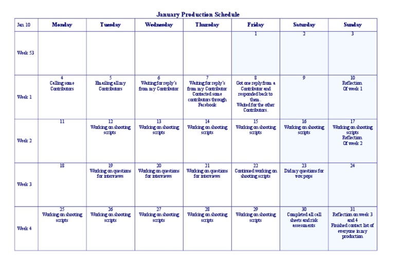 January Production Schedule Overview | PDF | Leisure | Sports