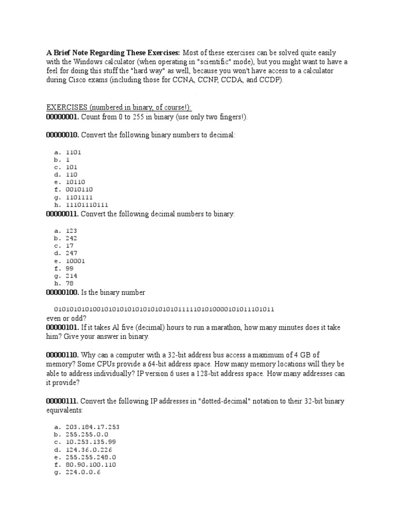 Binary Conversion Exercises | PDF | Division (Mathematics) | Notation