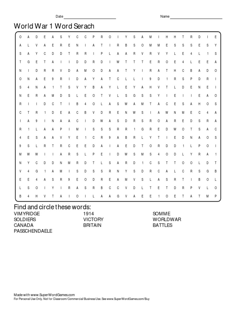 World War 1 Word Serach Word Search | PDF