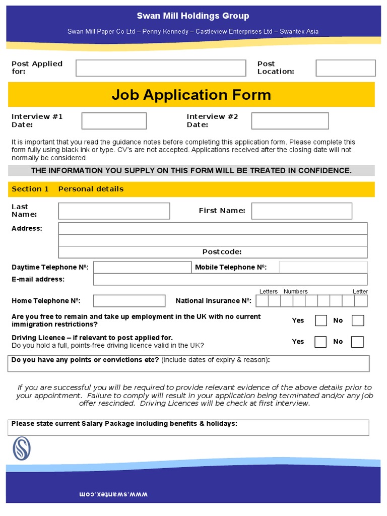 Job Application Form: Swan Mill Holdings Group | PDF | Disability ...