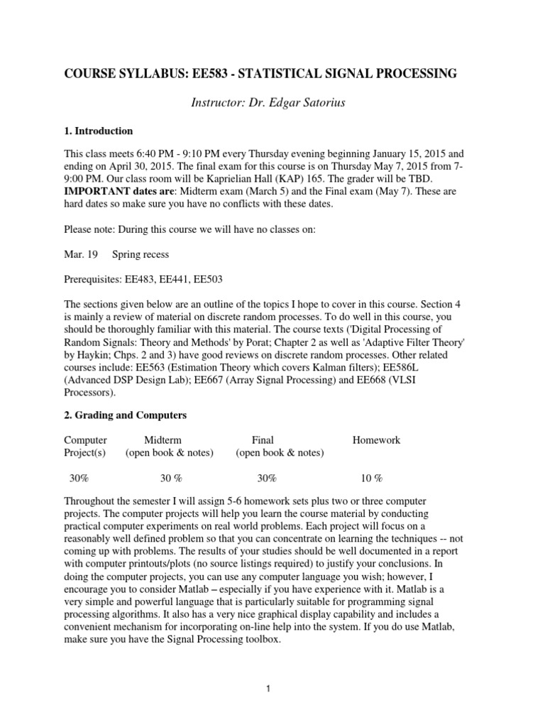 Ee583 - Statistical Signal Processing | PDF | Autoregressive Model | Spectral Density
